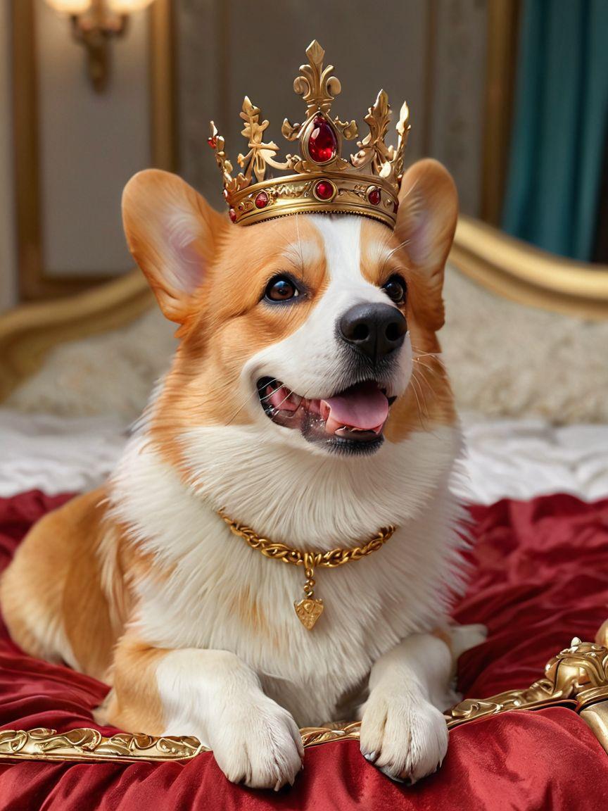 Corgi wearing golden crown and chain on bed