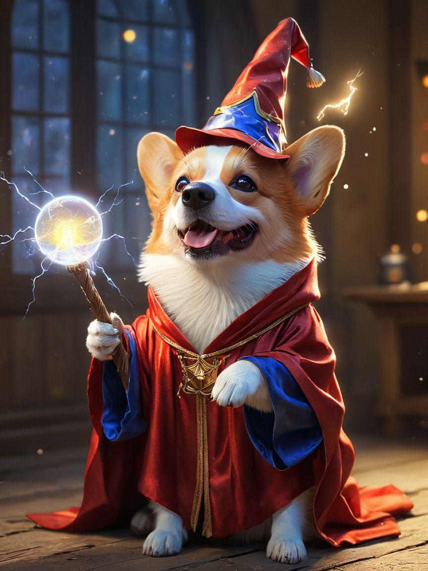 Corgi in wizard costume holding glowing staff indoors