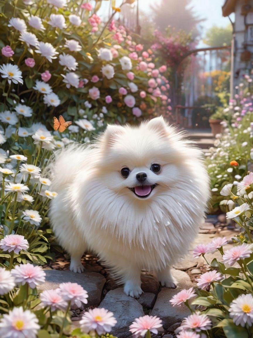 Pomeranian dog in flower garden with butterfly