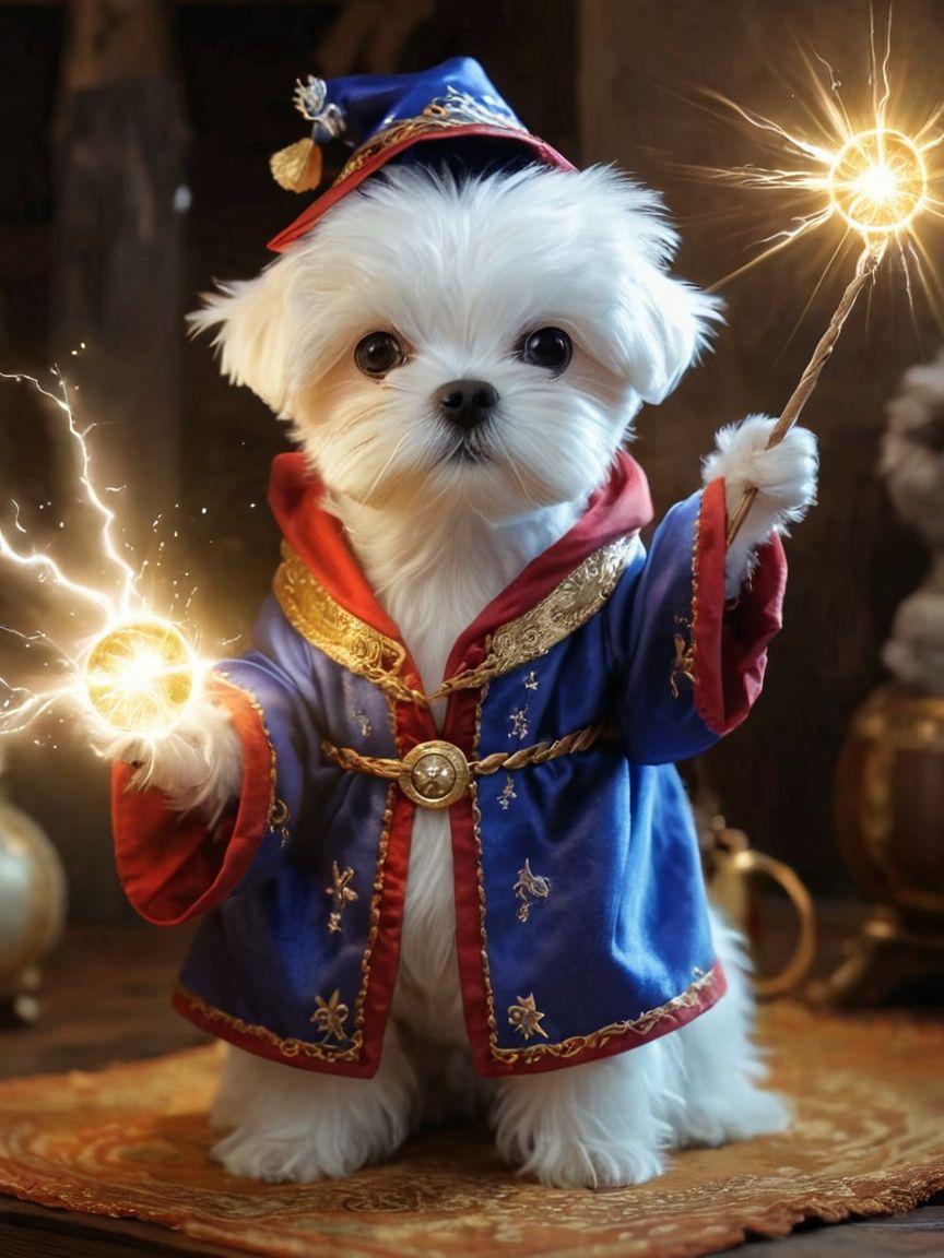 Maltese puppy wearing wizard costume holding glowing wands