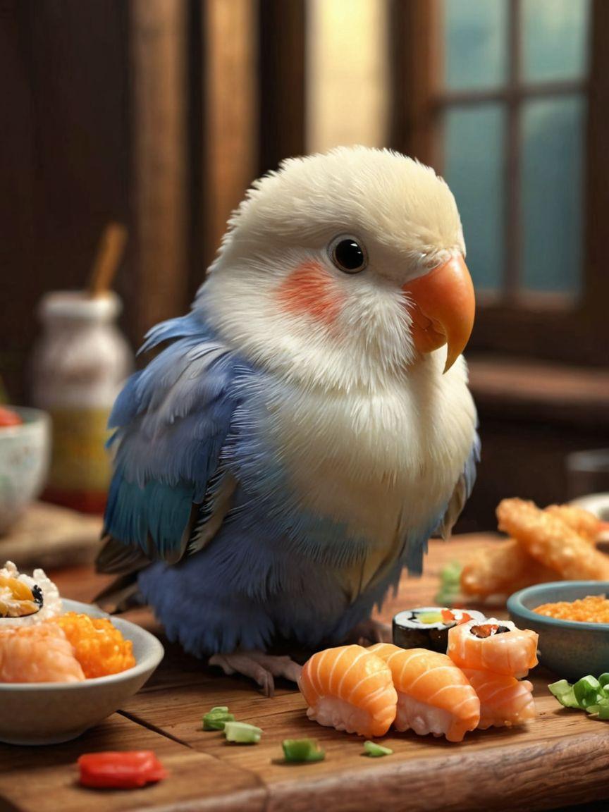 Parrot sitting next to assorted sushi on table