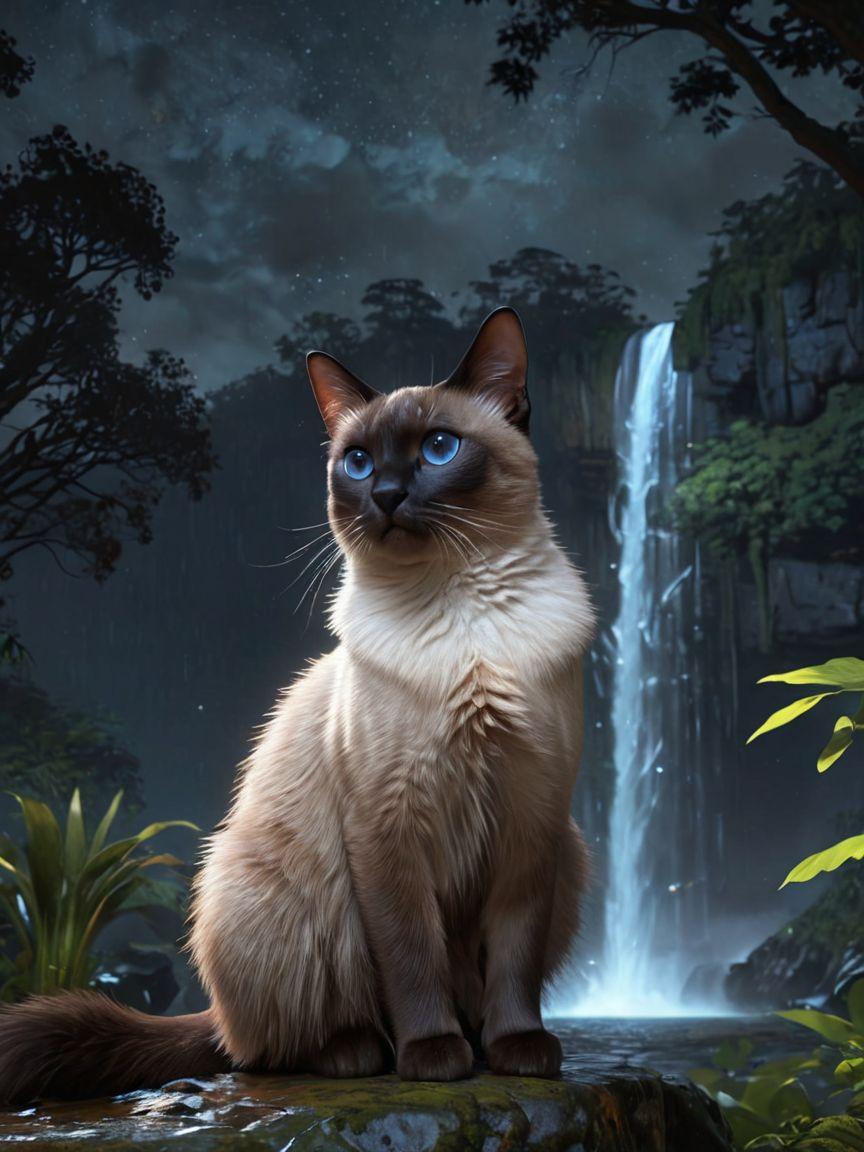 Siamese cat sitting near a jungle waterfall
