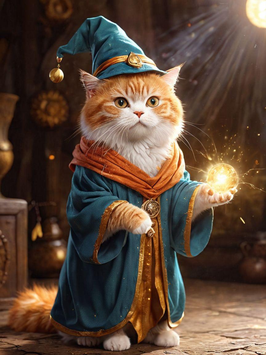 Cat dressed as wizard holding glowing orb