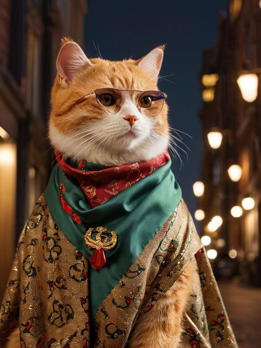 Cat with glasses and ornate shawl at night