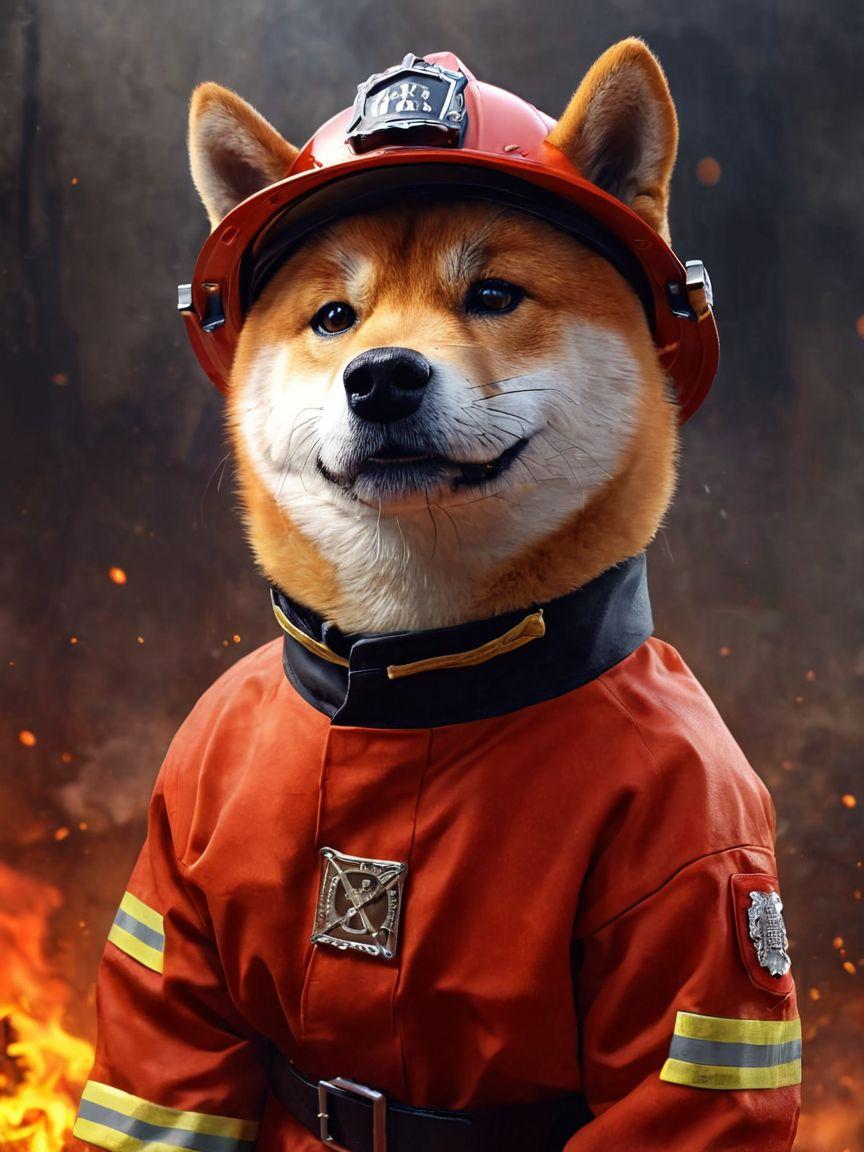 Shiba Inu wearing a firefighter uniform smiling bravely