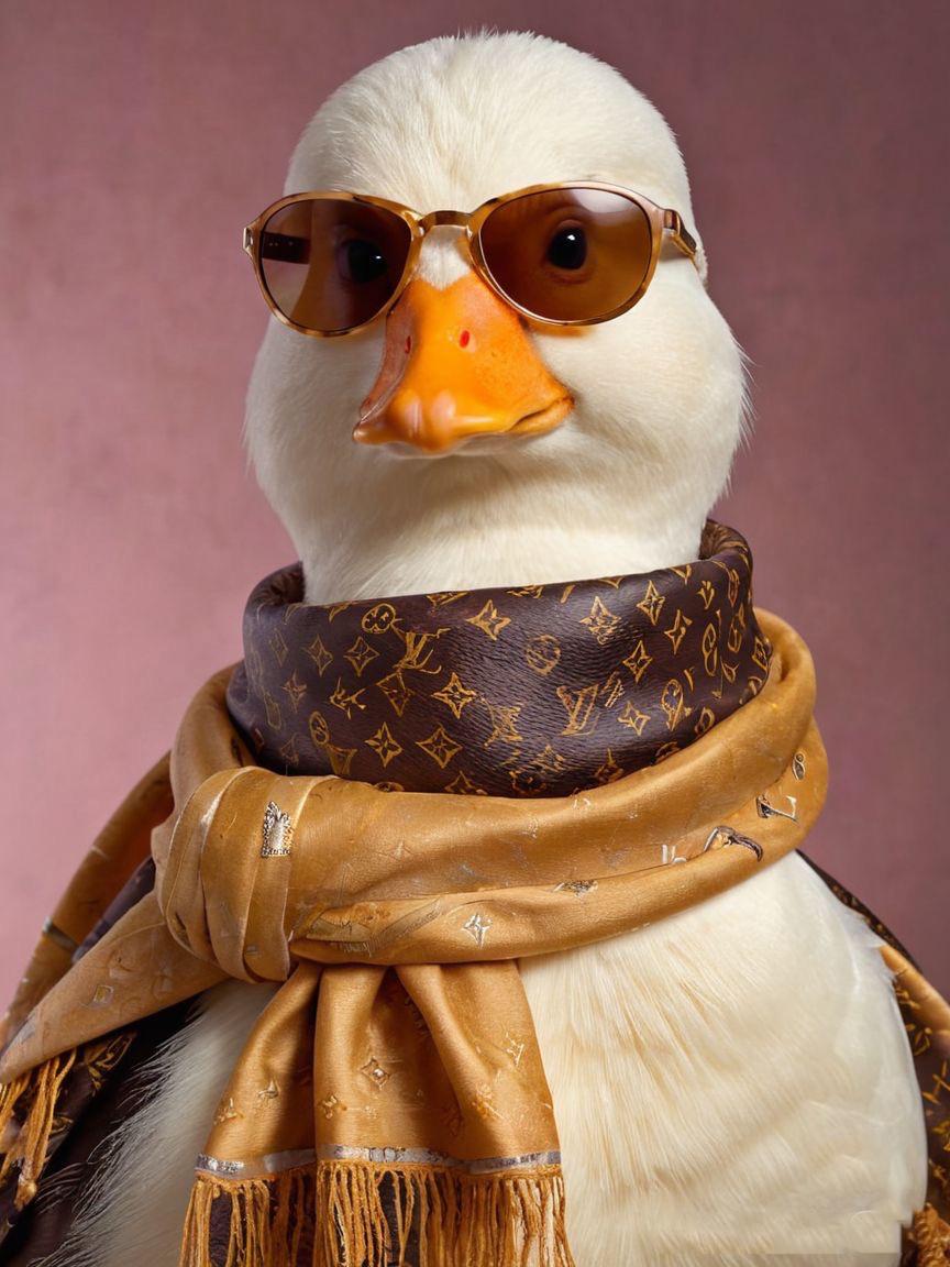 Duck wearing sunglasses and Louis Vuitton scarf