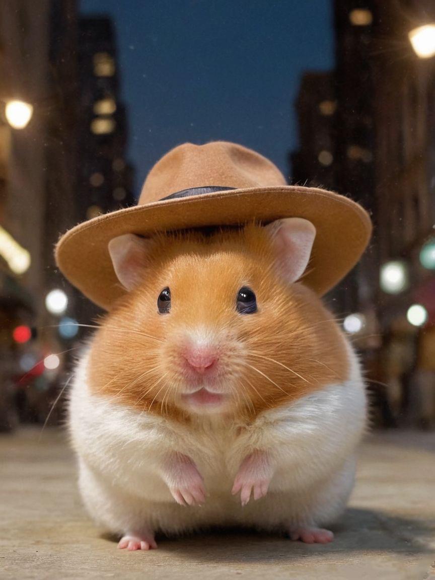Hamster wearing cowboy hat in a city street