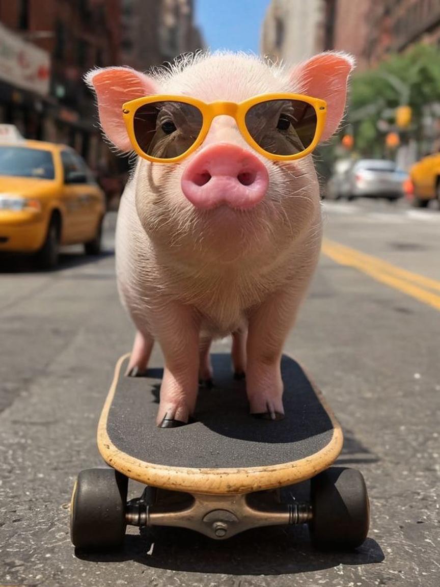 Pig wearing yellow sunglasses riding skateboard on street