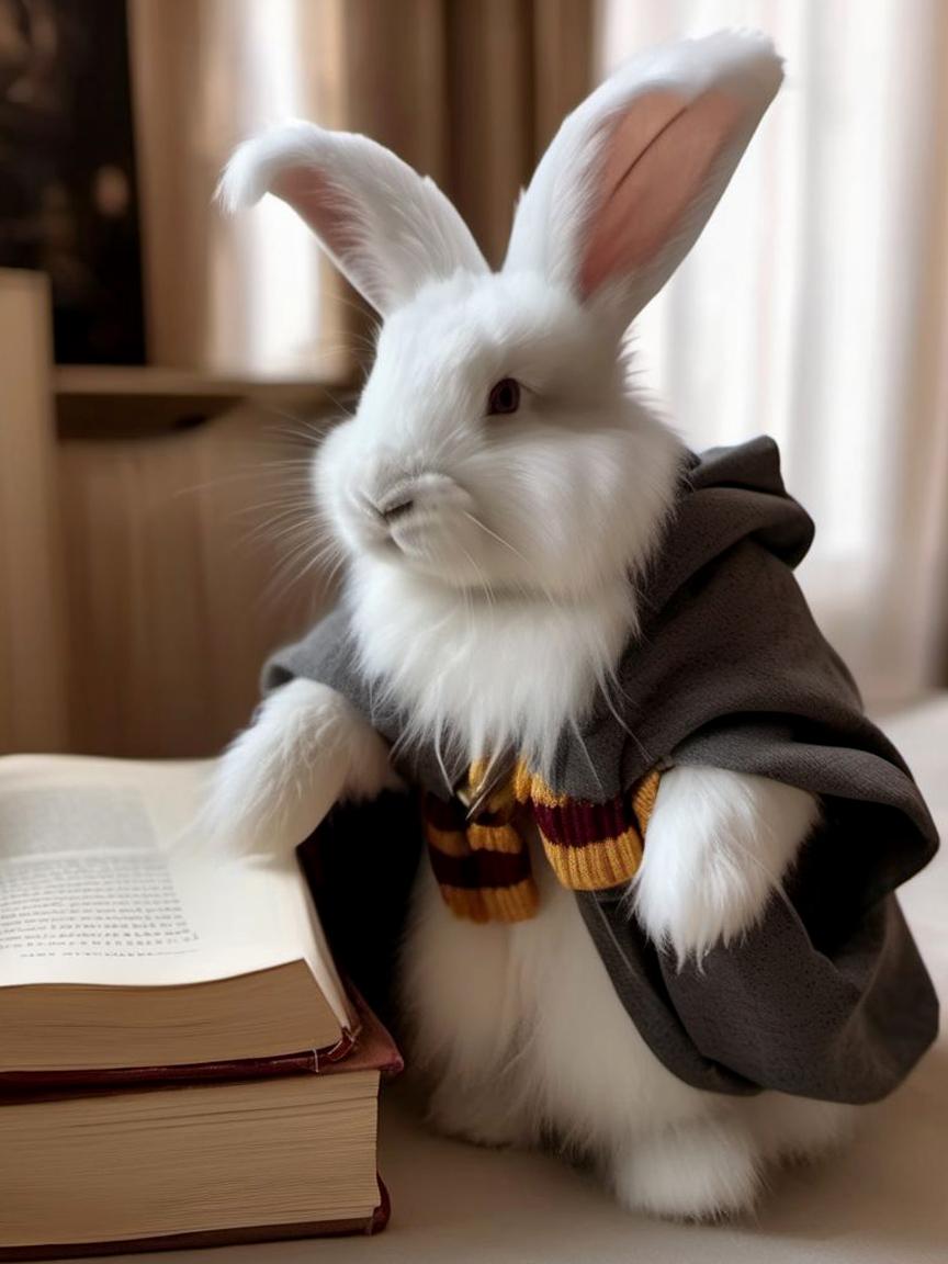 Rabbit in wizard costume reading a book indoors