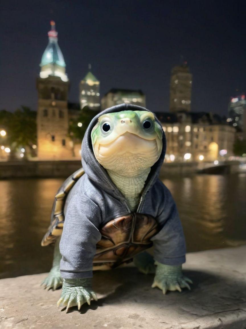 Turtle wearing hoodie nighttime cityscape background