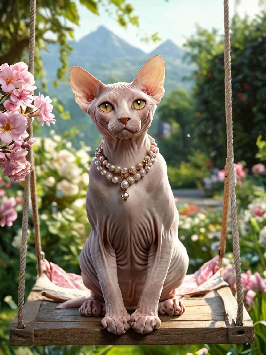 Sphynx cat wearing pearl necklace sitting on swing
