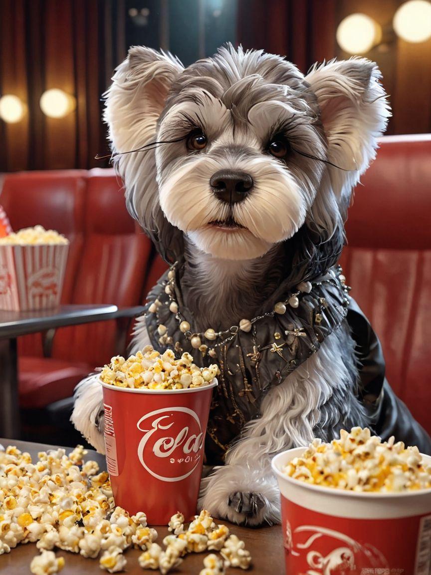 Schnauzer dressed up eating popcorn at movie theater