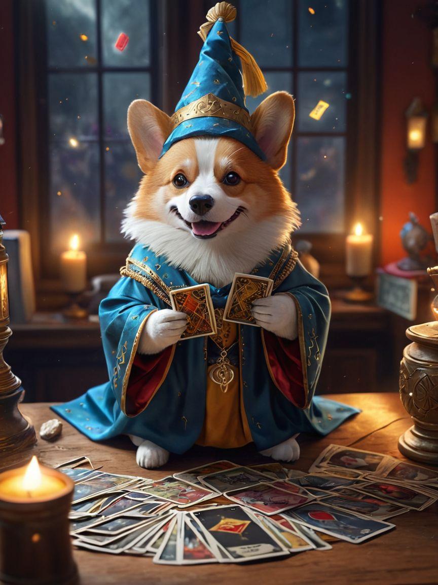 Corgi in wizard outfit playing tarot cards