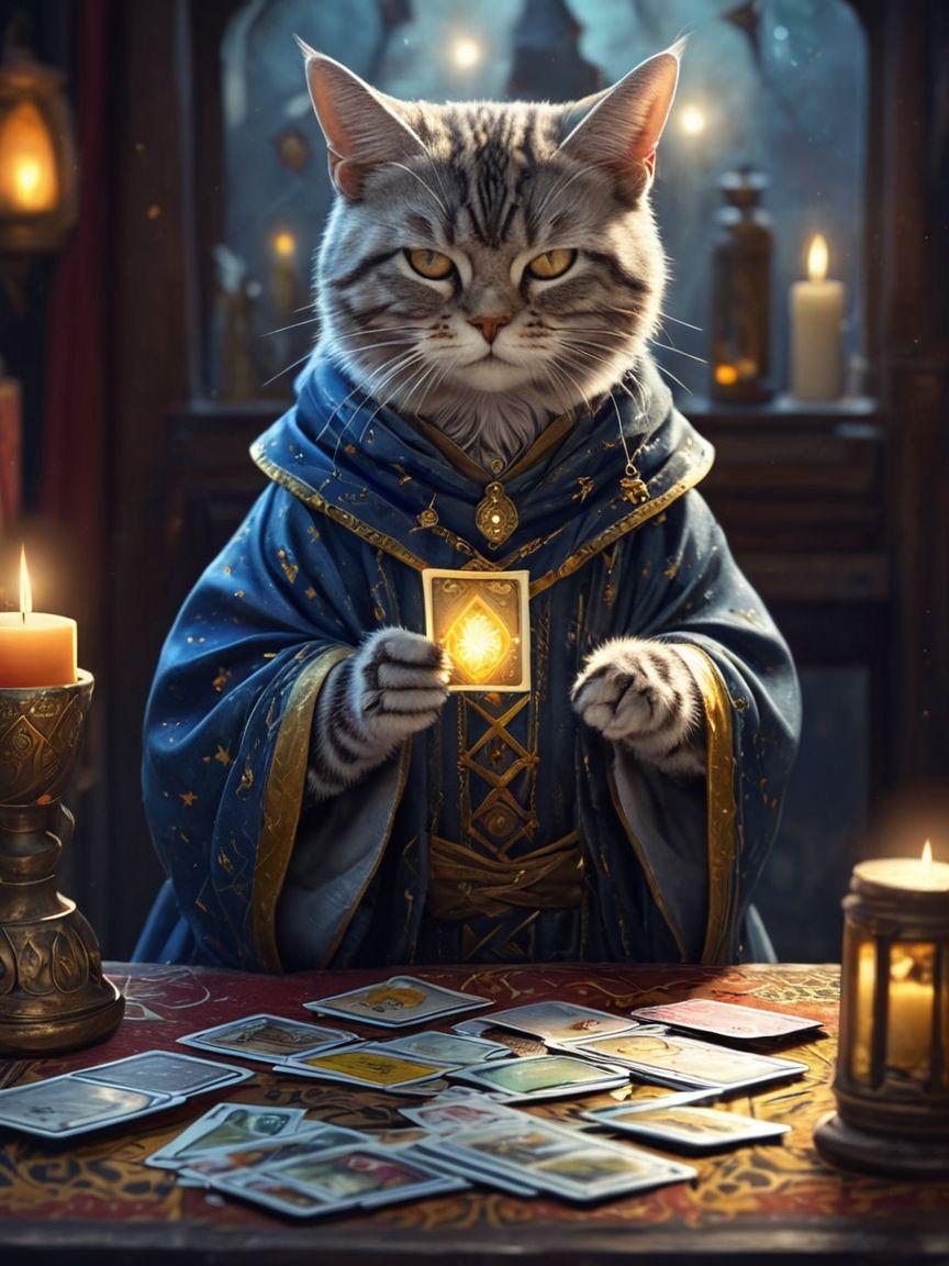 Cat dressed as wizard holding glowing card mystical scene