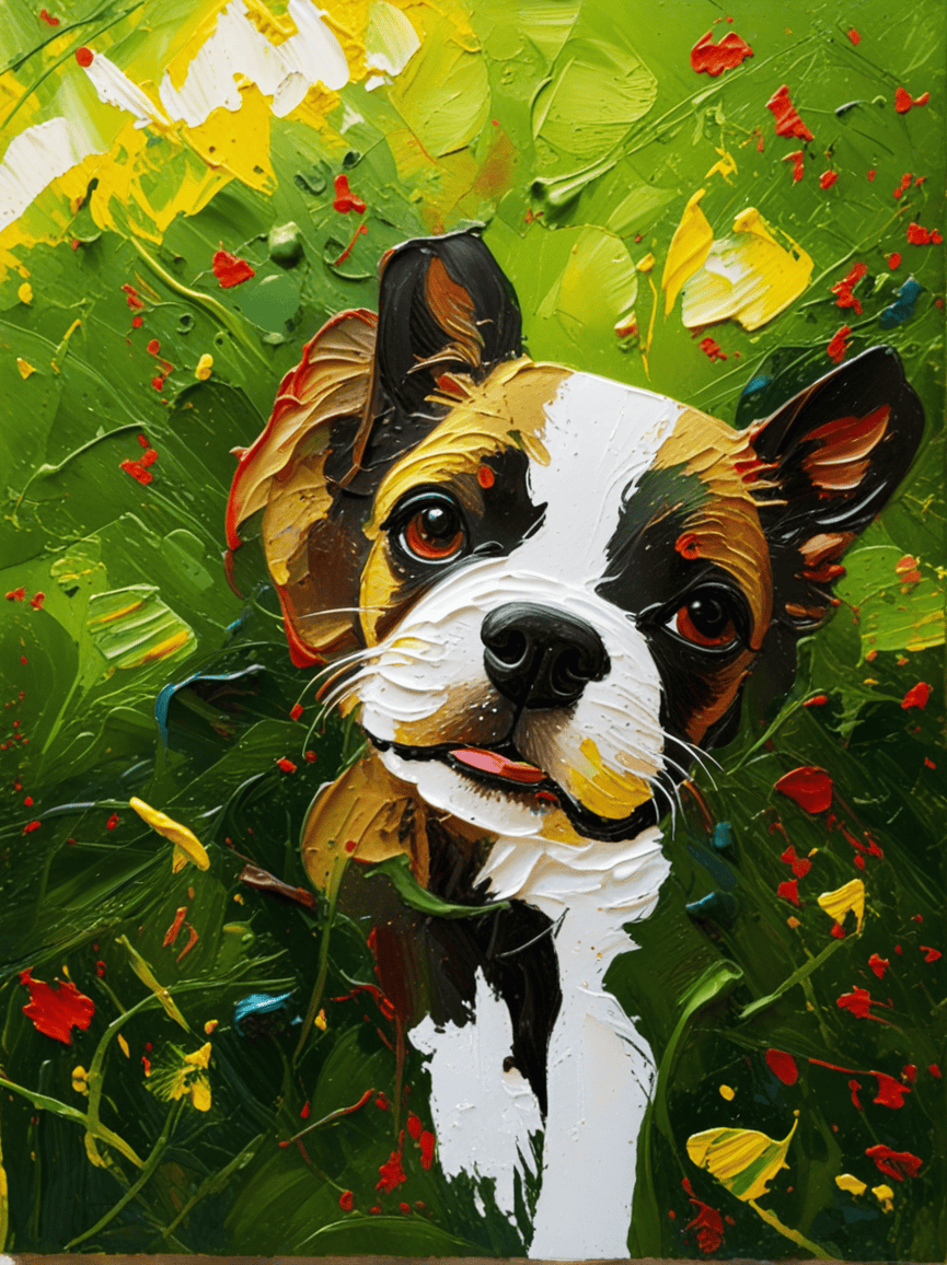 Boston Terrier surrounded by colorful abstract greenery