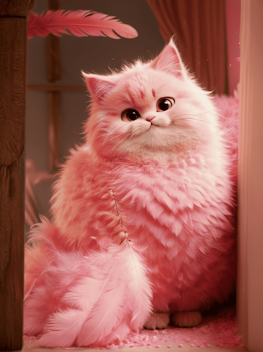 Pink fluffy cat sitting with pink feather